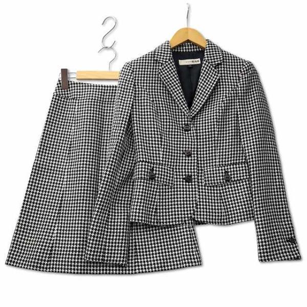 STUDIO BILL BLASS ビルブラス ウール シルク ブレンド ラメ入り 千鳥格子 スカート スーツ セットアップ 7AR ブラック × ホワイト レディース【表記サイズ】レディース　7AR【実寸サイズ】ジャケット 肩幅：36cm...