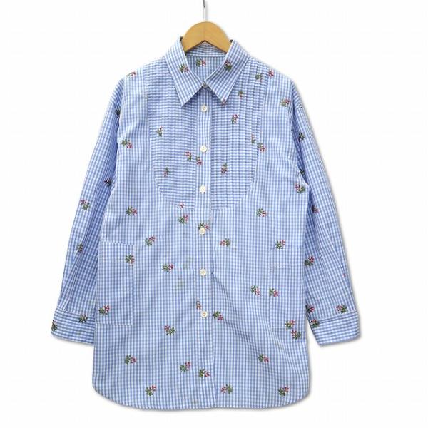 レジァンス REGENCE 花柄刺繍 ギンガムチェック 長袖 シャツ ブルー42 (LL) レディース【表記サイズ】レディース/42【実寸サイズ】肩幅：52cm　身幅：52cm　着丈：76cm　袖丈：52.5cm　　【素材】グランド　ポリエ...