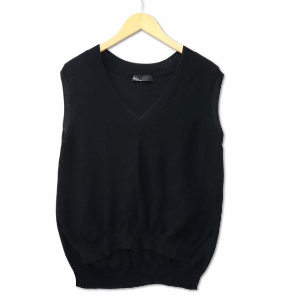 Wis... コットン100％ Vネック ニットベスト プルオーバー ブラック F レディース【表記サイズ】レディース/F【実寸サイズ】肩幅：35cm　身幅：45cm　着丈：52cm　袖丈：-cm　　【素材】綿100％【色】黒 ブラック b...