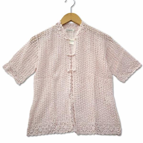 未使用品 HARMONICA ハーモニカ かぎ針 総レース チャイナボタン ニット カーディガン 半袖 M ピンク レディース【表記サイズ】レディース　M【実寸サイズ】肩幅：35cm　身幅：43cm　着丈：47cm　袖丈：21.5cm　　【...