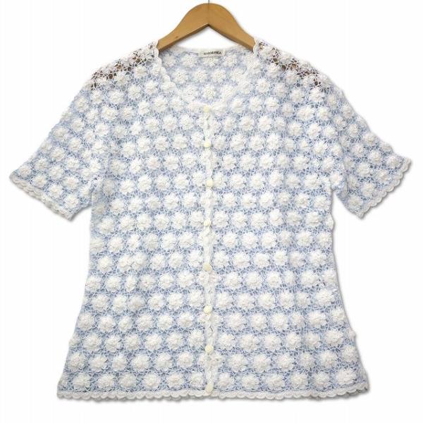 HARMONICA ハーモニカ コットン お花 総柄レース カーディガン ホワイト × ブルー レディース【表記サイズ】表記なし実寸サイズを参考にしてください【実寸サイズ】肩幅：-cm　身幅：42cm　着丈：54cm　袖丈：11.5（脇下採...