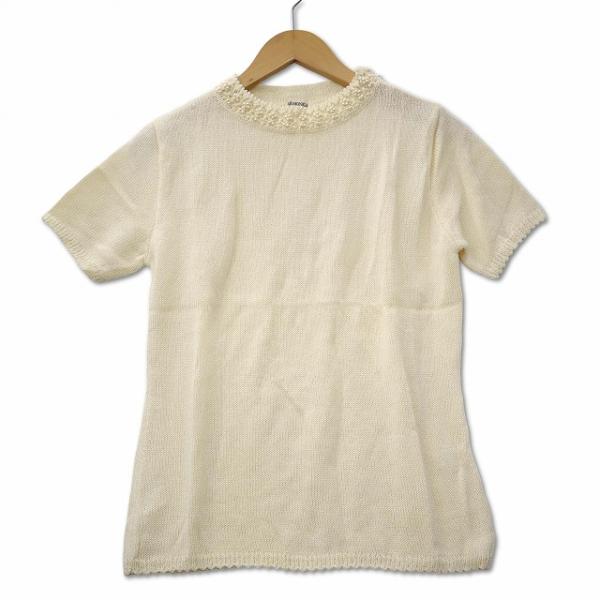 HARMONICA ハーモニカ パールビジュー リネンブレンド ニット カットソー イエロー レディース【表記サイズ】表記なし実寸サイズを参考にしてください【実寸サイズ】肩幅：34cm　身幅：42cm　着丈：53cm　袖丈：18cm　　【素...