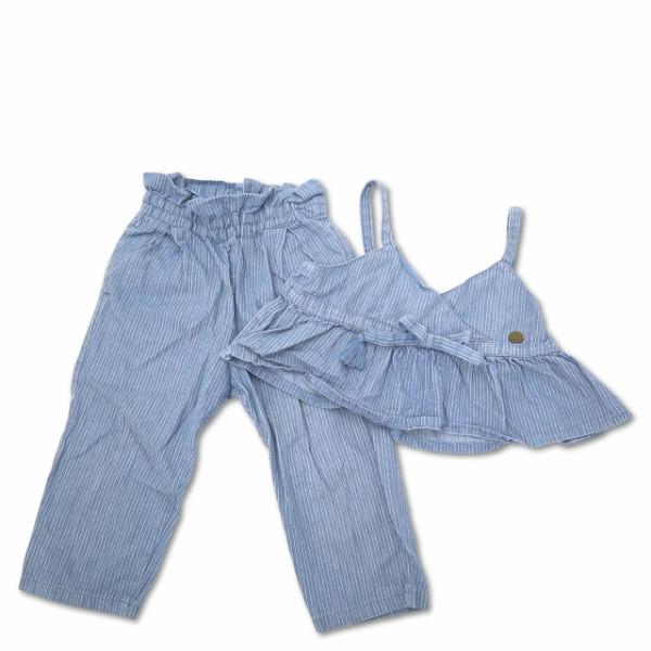 ブリーズ BREEZE ストライプ キャミソール ビスチェ ロングパンツ セットアップ ブルー 110 キッズ【表記サイズ】キッズ110【実寸サイズ】肩幅　約18cm　身幅　約35cm　総丈　約31cm　着丈　約15.5cm　ウエスト　約4...