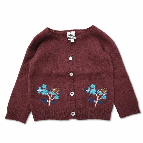 ボントン BONTON アルパカ混 お花刺しゅう ニットカーディガン バーガンディー 4 (100〜110相当) キッズ【表記サイズ】キッズ　4【実寸サイズ】身幅：27cm　着丈：26.5cm　ゆき丈：36cm　　【素材】アクリル45％ ア...