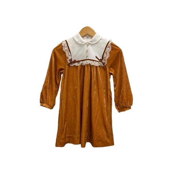 未使用品 mini collection ワンピース 216129 フレア レース リボン 女の子 ベロア 無地 長袖 膝丈 110A 茶 ブラウン 白 ホワイト キッズ【表記サイズ】110A【実寸サイズ】肩幅：24cm　身幅：35cm　袖...