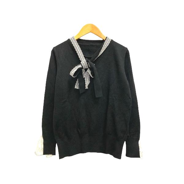 ラムエッティ La Mouette ニット ニットソー リボンタイ レース 長袖 M 黒 ブラック 白 ホワイト レディース【表記サイズ】M【実寸サイズ】肩幅：34cm　身幅：45.5cm　着丈：54cm　袖丈：55.5cm　　【素材】本体...