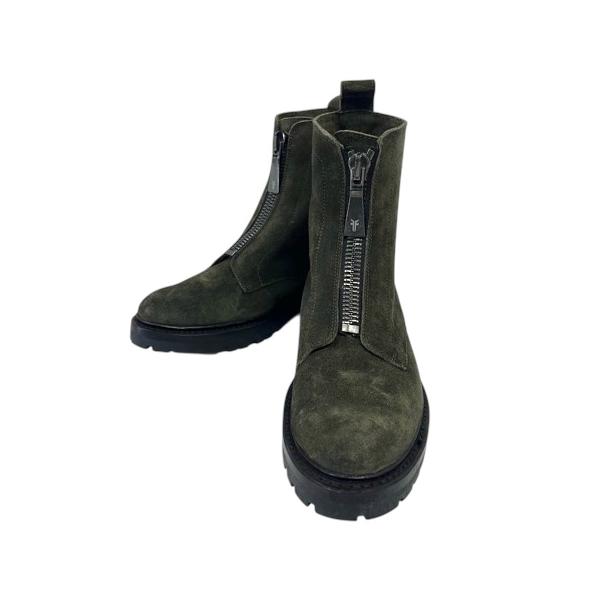 FRYE フライ ショートブーツ ラウンドトゥ ミドルヒール 前面ファスナー スエード 無地 メキシコ製 24cm位 カーキ 緑 レディース【表記サイズ】サイズ表記なしインソール25cm位【実寸サイズ】筒周り：24.5cm　筒高：15cm　...