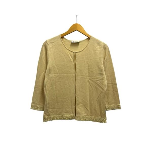 Pearls Cashmere カーディガン 長袖 クルーネック ビーズ装飾 シルク混 カシミヤ混 XL 黄 イエロー レディース【表記サイズ】XL【実寸サイズ】肩幅：39cm　身幅：46cm　着丈：55cm　袖丈：45cm　　【素材】写真...