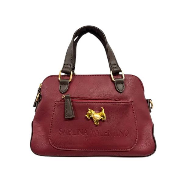 sablina valentino サブリナ・ヴァレンチノ ハンドバッグ ミニバッグ ロゴ ブローチ付き 赤 レッド ブラウン 茶 ゴールド金具 レディース【実寸サイズ】持ち手の長さ：29cm　ヨコ：24cm　タテ：17cm　マチ：8cm　...