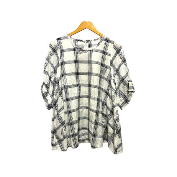 ワールドクラス world class シャツ ブラウス クルーネック コットン チェック柄 半袖 M 白 ホワイト 紺 ネイビー レディース【表記サイズ】M【実寸サイズ】肩幅：34cm　身幅：58cm　着丈：70cm　袖丈：33cm　　【...