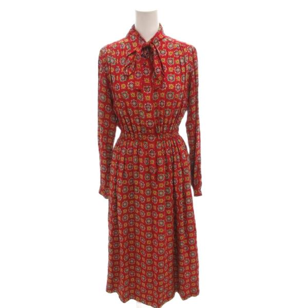 LAPINE ロングワンピース 長袖 絹 シルク 9 赤 レッド 花がら /FF レディース【表記サイズ】9【実寸サイズ】肩幅：36cm　身幅：49cm　袖丈：55cm　着丈：108cm　　【素材】絹 　裏地 キュプラ【色】赤 レッド【状態...