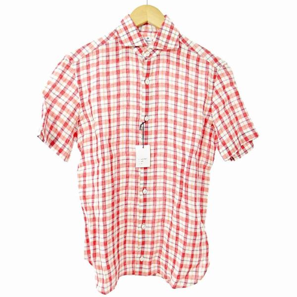 未使用品 ダノリス DANOLIS タグ付 チェック柄 リネン シャツ 半袖 麻 37 赤 0716 IBO73 メンズ【表記サイズ】37【実寸サイズ】肩幅：約45cm　身幅：約53cm　袖丈：約22cm　着丈：約69cm　　【素材】麻10...