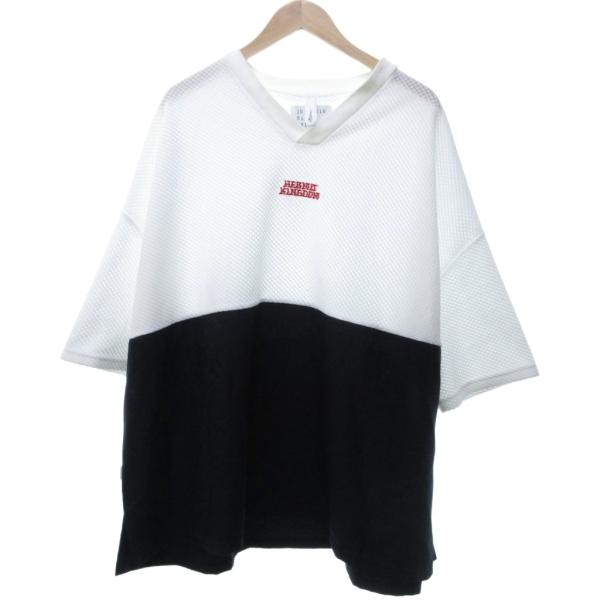 ジュヴェナイルホールロールコール JUVENILE HALL ROLL CALL 美品 ニット カットソー 半袖 Vネック 切り替え 白 黒 F【表記サイズ】F【実寸サイズ】肩幅：約76cm　身幅：約83cm　袖丈：約26.5cm　着丈：約...