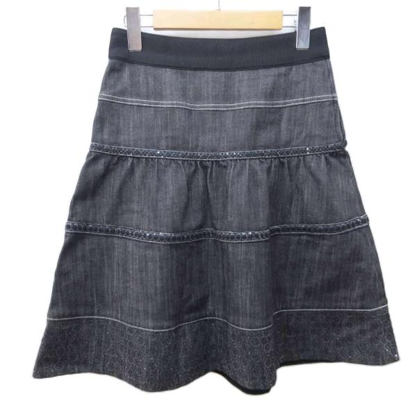 トゥービーシック TO BE CHIC デニムスカート スパンコール ビジュー フレア ギャザー ストレッチ 36 約S 黒 ブラック ■YHS11 0108 レディース【ブランド】トゥービーシック TO BE CHIC【表記サイズ】36（...