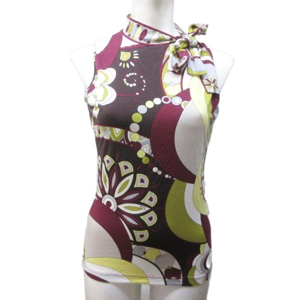 エミリオプッチ EMILIO PUCCI カットソー リボン 総柄 ストレッチ レーヨン ノースリーブ M 茶 ブラウン 系 マルチカラー IBO89【ブランド】エミリオプッチ EMILIO PUCCI【表記サイズ】M【実寸サイズ】身幅：4...