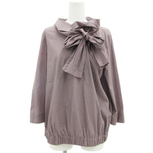 バックグラウンド BACKGROUND ブラウス カットソー 七分袖 ストライプ ネックリボン XS 紫 パープル 0223 レディース【表記サイズ】XS【実寸サイズ】肩幅：約39cm　身幅：約51cm　着丈：約59cm　袖丈：約43cm　...