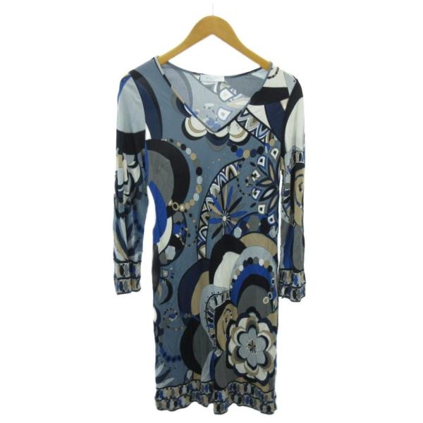 エミリオプッチ EMILIO PUCCI カットソーワンピース 総柄 ストレッチ 長袖 ひざ丈 44 青 ブルー 系  IBO87 0307 レディース【ブランド】エミリオプッチ EMILIO PUCCI【表記サイズ】44（日本サイズ約L)...