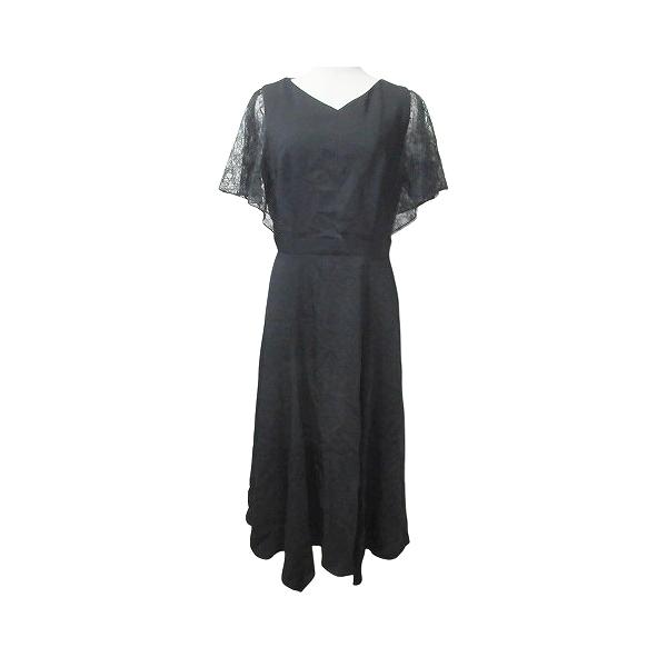 エメ aimer イレギュラーヘム ミモレ丈ドレス ワンピース ロング パーティー 二次会 袖レース 半袖 フレア レースアップ Vネック L 黒【表記サイズ】L【実寸サイズ】肩幅：33.5cm　身幅：43cm　袖丈：22cm　総丈：117...