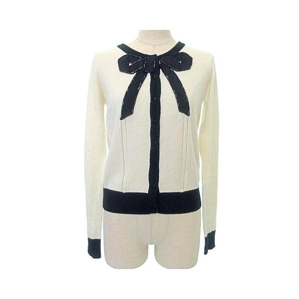 ミリー milly シルク カシミヤ ニット カーディガン リボン ビーズ バイカラー S オフホワイト 黒 ■YHS4 A1010 レディース【ブランド】ミリー milly【表記サイズ】S【実寸サイズ】肩幅：32.5cm　身幅：40cm　...