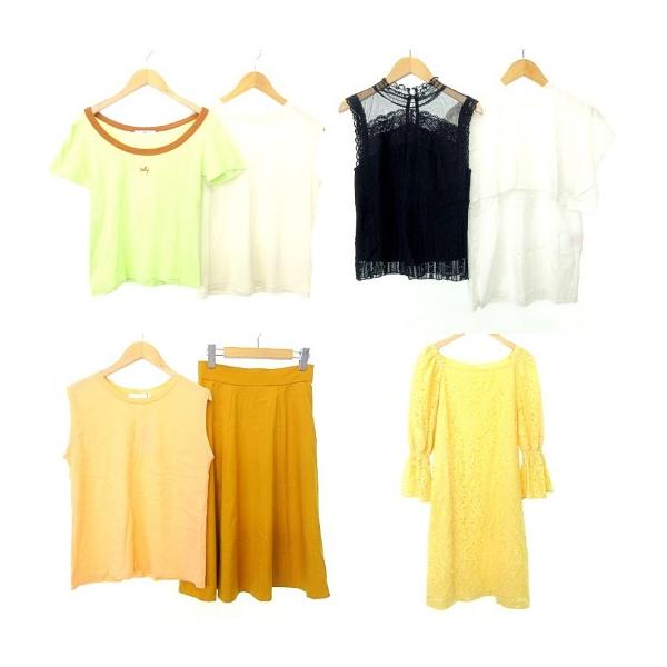 スライ 等 衣類 まとめ売り 7点 セット Tシャツ カットソー スカート ワンピース フリーサイズ中心 MMT A1117 レディース【表記サイズ】スライ Tシャツ（黄緑）…フリースライ ノースリーブ…フリーミスティウーマン レースブラウ...