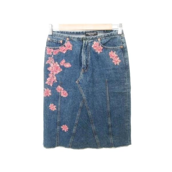 RYUZO NAKATA リュウゾウ ナカタ デニム スカート ひざ丈 花柄 ビジュー 厚手 29 約Mサイズ 青 ブルー ■YHS3 レディース【表記サイズ】29(約Mサイズ)実寸サイズをご確認ください。【実寸サイズ】ウエスト：72cm　...