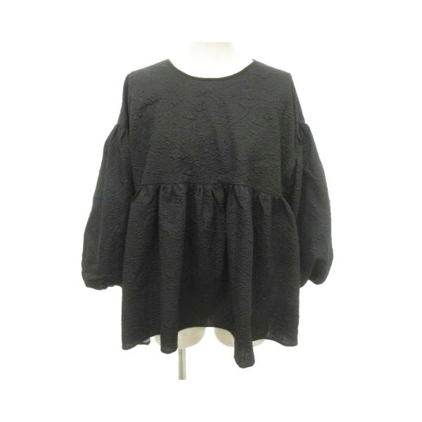 urs エンボス加工 パフスリーブ トップス 長袖 無地 薄手 Mサイズ 黒 ブラック ■GY99 レディース【表記サイズ】Mサイズ【実寸サイズ】肩幅：54.7cm　身幅：56cm　着丈：68.5cm　袖丈：40.5cm　-　【素材】本体 ...