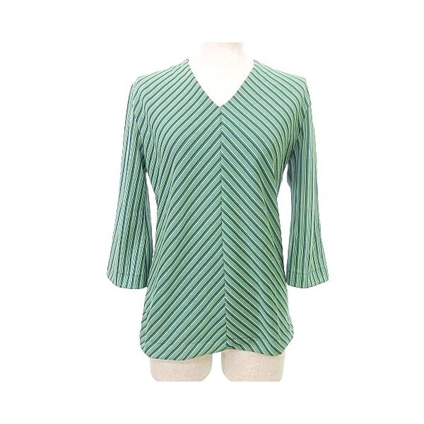 Sert les Desserts 美品 ストライプ カットソー 七分袖 グリーン ■TC A0130 レディース【表記サイズ】なし（実寸サイズをご確認ください）【実寸サイズ】肩幅：40cm　身幅：44cm　着丈：61.5cm　袖丈：40....