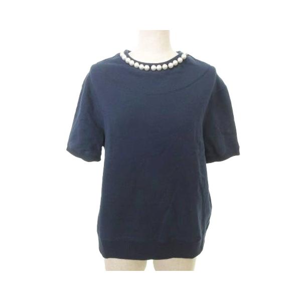 ラウラ Laula フェイクパールネック スウェット カットソー 半袖 ビジュー 無地 厚手 フリーサイズ 紺 ネイビー ■TC レディース【ブランド】ラウラ Laula【表記サイズ】フリーサイズ【実寸サイズ】肩幅：46.5cm　身幅：48...