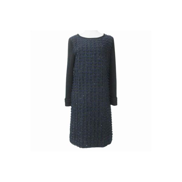 sortie mieux ソルティミュー 美品 ニット ワンピース グラン山貴 ひざ丈 長袖 ラメ 2 M相当 黒 紺 X レディース【表記サイズ】2(M相当)【実寸サイズ】肩幅：37.5cm　身幅：42cm　袖丈：57cm　総丈：88cm...