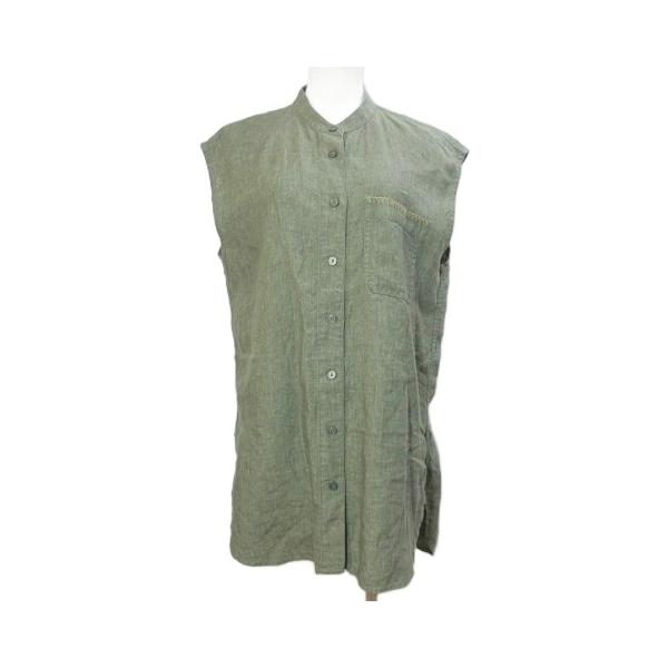 ユニクロ UNIQLO jwアンダーソン 美品 リネンスタンドカラー ノースリーブシャツ ロゴ刺? M オリーブ X レディース【ブランド】ユニクロ UNIQLO【表記サイズ】M【実寸サイズ】身幅：51cm　総丈：83cm　　【素材】麻10...