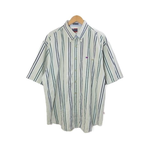BUGLE BOY CLASSICS ビューグルボーイ 大きいサイズ ボタンダウン シャツ 半袖 ストライプ ピュアコットン XXL グリーン系 X メンズ【表記サイズ】XXL【実寸サイズ】肩幅：57cm　身幅：66cm　着丈：81cm　袖...