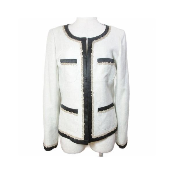 クリスモンテス Chris montez 美品 ツイード ジャケット ノーカラー ラメ レース 総裏地 S ベージュ系 X レディース【表記サイズ】S【実寸サイズ】肩幅：37cm　身幅：42cm　袖丈：58cm　着丈：50cm　　【素材】表...