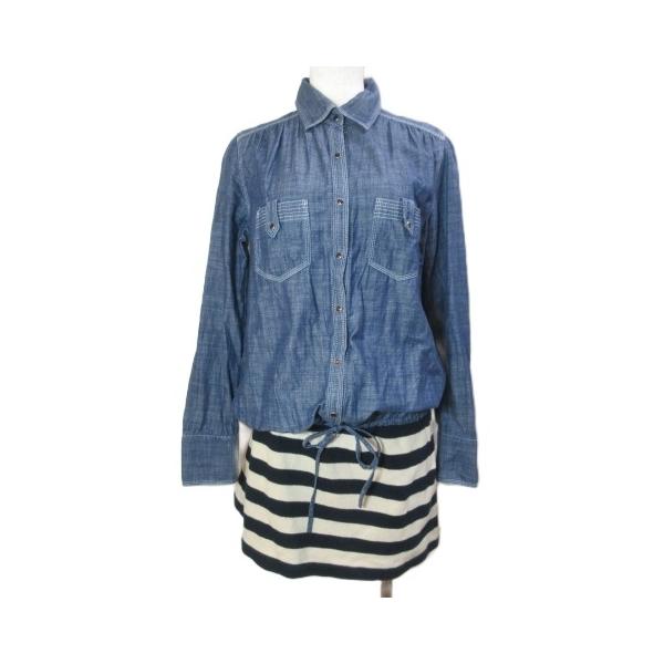 ソルティミュー sortie mieux 美品 デニムドッキングミニワンピース グラン山貴 長袖 ボーダー ロールアップ袖 1 S相当 青 紺 ベージュ X【表記サイズ】1(S相当)【実寸サイズ】肩幅：36cm　身幅：44cm　袖丈：60c...