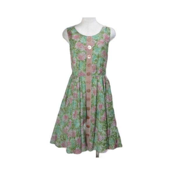 ロイスクレヨン Lois CRAYON ワンピース 総柄 花柄 ひざ丈 ノースリーブ ギャザーフレア ウエストリボン M グリーン系 /X レディース【ブランド】ロイスクレヨン Lois CRAYON【表記サイズ】M【実寸サイズ】身幅：40...