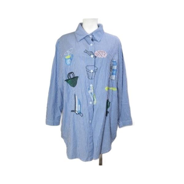 ラモネ LA MONET 刺繍シャツ 長袖 ストライプ ブルー ホワイト /X レディース【表記サイズ】サイズ表記がございません。実寸サイズをご参照ください。【実寸サイズ】肩幅：41cm　身幅：52cm　着丈：78cm　袖丈：51cm　　【...