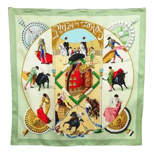 エルメス HERMES Plaza De Toros 闘牛場 カレ90 大判 スカーフ グリーン系 レディース【ブランド】エルメス HERMES【実寸サイズ】縦：約89cm　横：約87cm　　【色】グリーン系【仕様】Plaza De Tor...