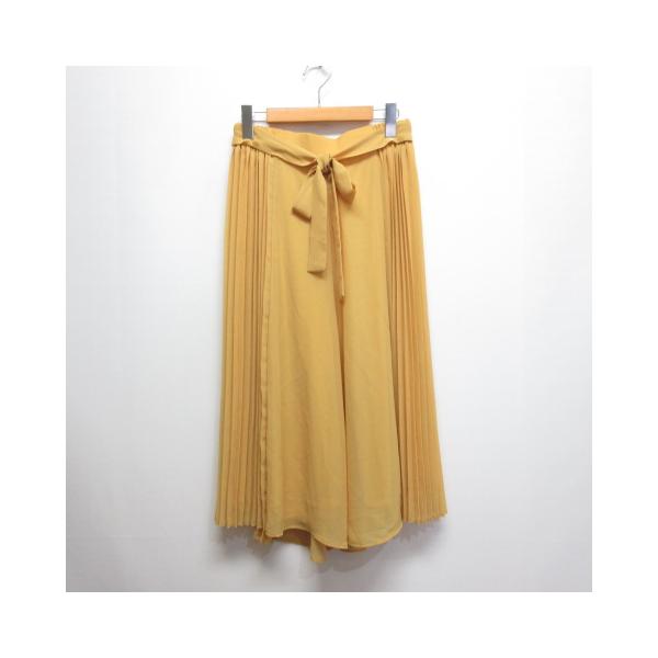 エスジェイフリー S.J.FERRY サイドプリーツ シフォン ワイド パンツ リボン付き 40 黄 イエロー バックゴム 裏地付き【表記サイズ】40【実寸サイズ】ウエスト：66-80cm　もも幅：38cm　裾幅：41cm　股上：45cm　...