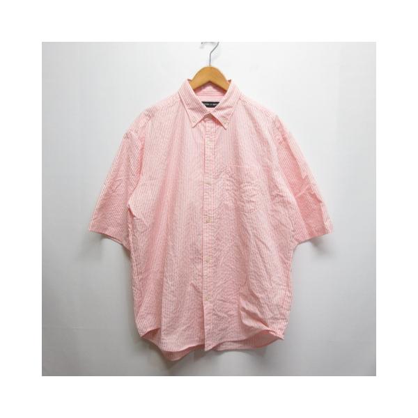 アロウドトゥアンフォールド ALLOWED TO UNFOLD ストライプ柄 半袖 ビッグ シャツ LL ピンク ボタンダウン コットン 日本製 メンズ【表記サイズ】LL【実寸サイズ】身幅：62cm　着丈：78cm　ゆき丈：58cm　　【素...