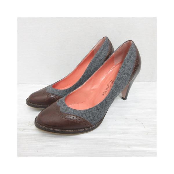 未使用品 ロートレショーズ L'Autre Chose レザー ウール調キャンバス 切替え パンプス 36.5 23.5cm相当 グレー 茶 靴 シューズ ウィングチップ 異素材 箱付き【ブランド】ロートレショーズ L'Autre Chos...