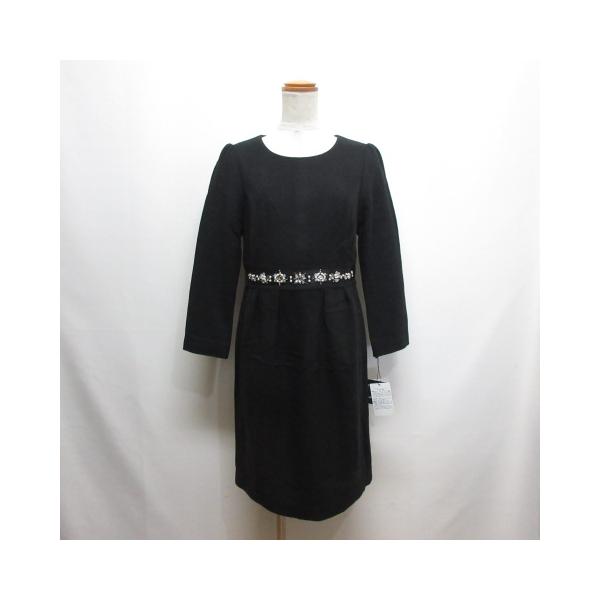 未使用品 シュシュ chou chou ウエストビジュー装飾 長袖 ワンピース 2 黒 ブラック ウール混 裏地付き タグ付き レディース【表記サイズ】2【実寸サイズ】肩幅：33cm　身幅：41cm　着丈：90cm　袖丈：51.5cm　　【...
