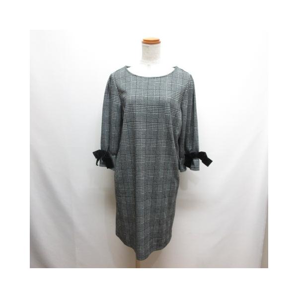 ファビア FABIA グレンチェック柄 七分袖 ワンピース L グレー系 リボン袖 ストレッチ 微起毛 レディース【表記サイズ】L【実寸サイズ】肩幅：36cm　身幅：50cm　着丈：90cm　袖丈：45cm　　【素材】【本体】　ポリエステル...