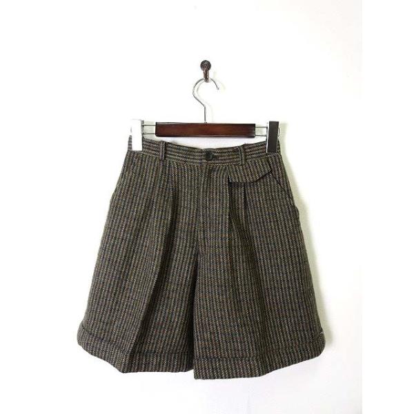 GAZON キュロット ショートパンツ ウール チェック柄 S ブラウン 茶 カーキ グレー レディース【表記サイズ】60（Sサイズ位のサイズ感になります。）【実寸サイズ】ウエスト：58cm　もも幅：31cm　裾幅：30cm　股上：33cm...