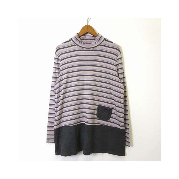 Febrero カットソー ハイネック ストレッチ 薄手 ボーダー 長袖 L 40 くすみピンク グレー レディース【表記サイズ】40(L位のサイズ感になります)【実寸サイズ】肩幅：38cm　身幅：46cm　着丈：62cm　袖丈：56cm　...