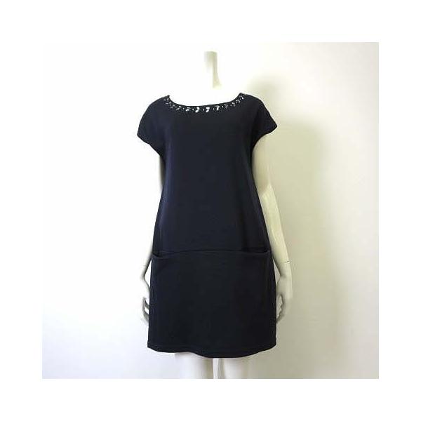 グリッセ GLISSE チュニック ワンピース ビジュー装飾 フレンチスリーブ 半袖 L 紺 ネイビー レディース【表記サイズ】L バスト86-94  身長154-162【実寸サイズ】身幅：47cm　着丈：78cm　ゆき丈：30cm　　【素...