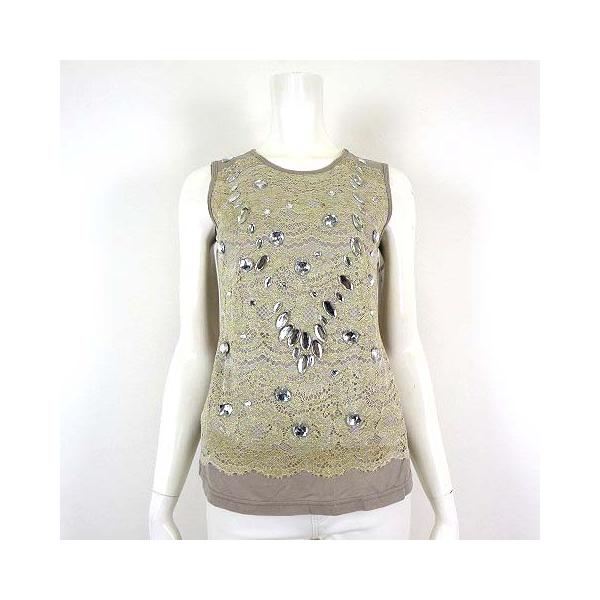 フォッシィ FOSSI カットソー レース ラメ ビジュー 装飾 コットン ノースリーブ M 38 グレージュ ゴールド レディース【表記サイズ】38(Mサイズ相当)【実寸サイズ】肩幅：32cm　身幅：40cm　着丈：50cm　袖丈：-cm...