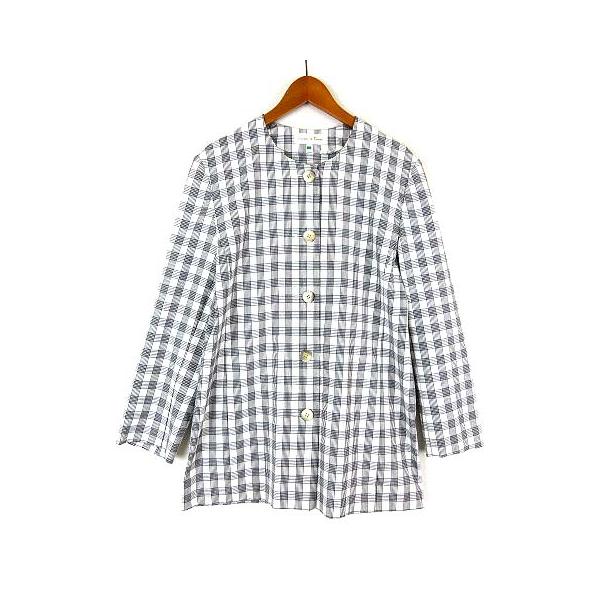 Avec le temps アベックルトン ジャケット 薄手ノーカラー チェック 長袖 S 7 白 ホワイト 黒 ブラック レディース【表記サイズ】7 S※実寸サイズのご確認をお願い致します。【実寸サイズ】肩幅：40cm　身幅：48cm　着...