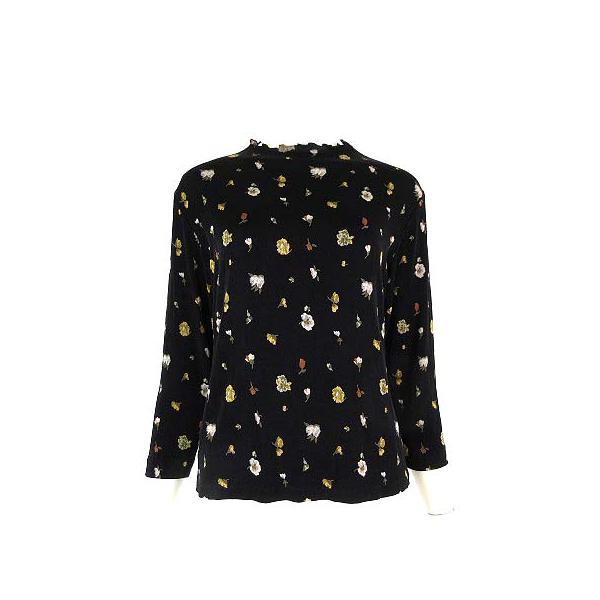 opec 日本製 トップス カットソー 花柄 メロウ フリル 落ち感 とろみ ストレッチ 7分袖 M 9 黒 ブラック マルチカラー レディース【表記サイズ】9※Mサイズ相当【実寸サイズ】肩幅：40cm　身幅：47cm　着丈：54cm　袖丈...