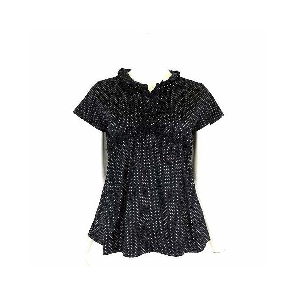 ジェルベ GERVE カットソー ブラウス プルオーバー ドット柄 水玉 フリル メロウ ボタン装飾 切替 コットン ギャザー 半袖 L 40 黒 オフ白【表記サイズ】40※Lサイズ相当(実寸サイズのご確認をお願い致します。)【実寸サイズ】...
