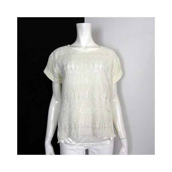 サクラボア sakura bois ブラウス プルオーバー シアー シフォン レース 切替 ドロップショルダー 半袖 M パステルイエロー オフ白【表記サイズ】M【実寸サイズ】身幅：47cm　着丈：56cm　ゆき丈：32cm　　【素材】レー...