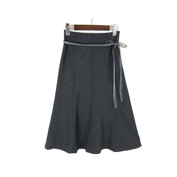 ヤンガニー yangany スカート フレア ストライプ ボーダー 切替 ウール ミモレ丈 ウエストリボン レース装飾 S 36 黒 マルチカラー【表記サイズ】36※Sサイズ相当【実寸サイズ】ウエスト：62cm　ヒップ：84cm　スカート丈...